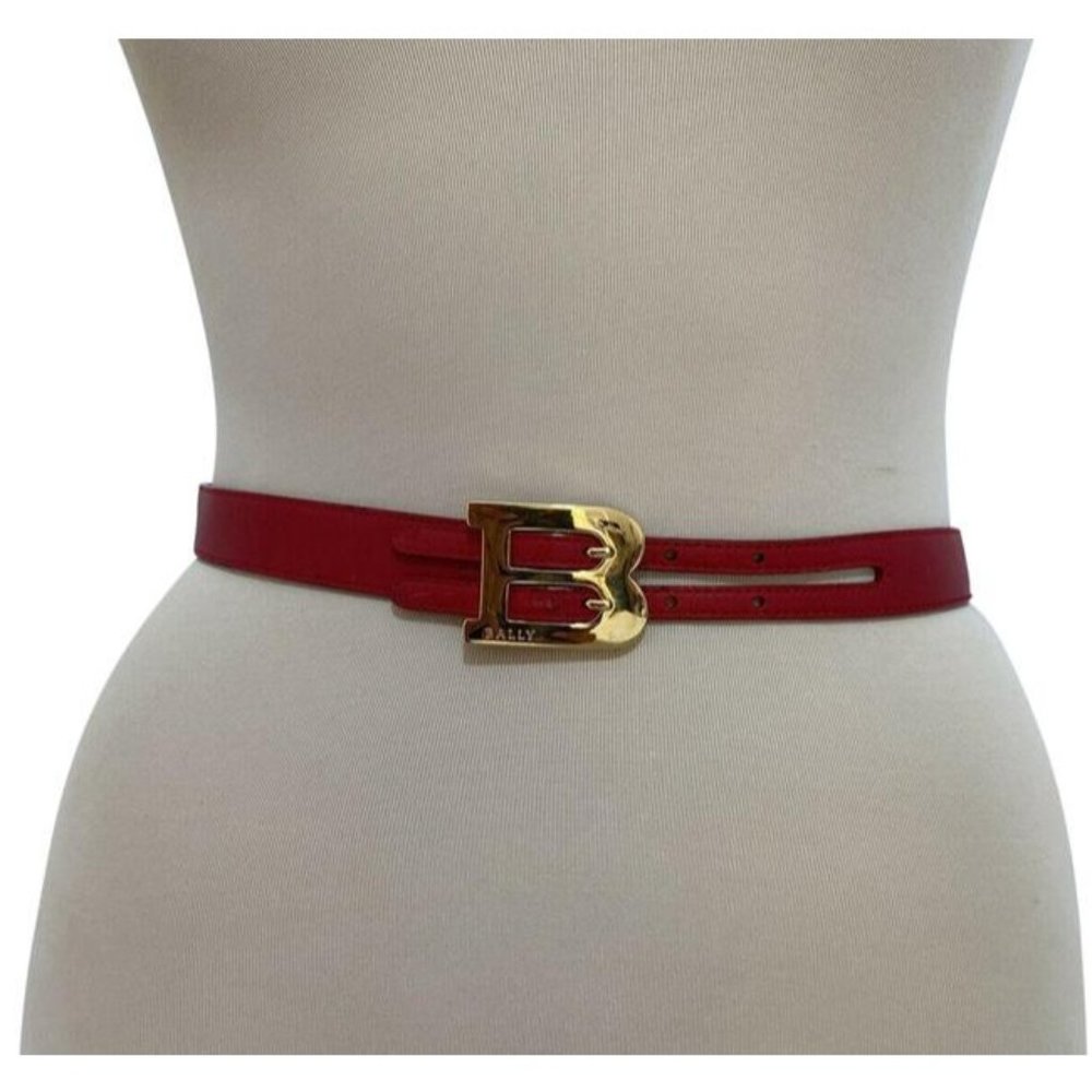 Bally Red Leather W Gold B Logo Buckle Belt - Gem